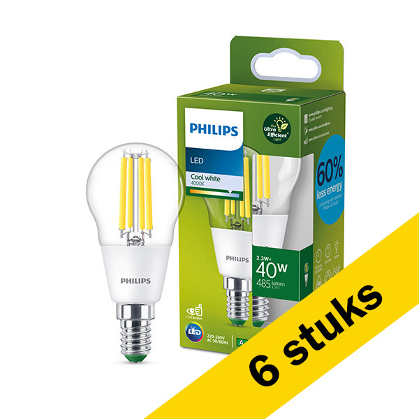 Aanbieding: 6x Philips LED lamp E14 | Kogel P45 | Ultra Efficient | Filament | Helder | 4000K 2 ...